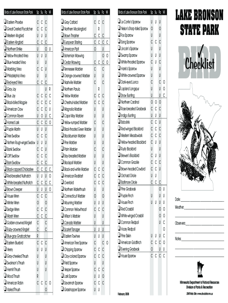 Fillable Online files dnr state mn Lake Bronson State Park bird ...