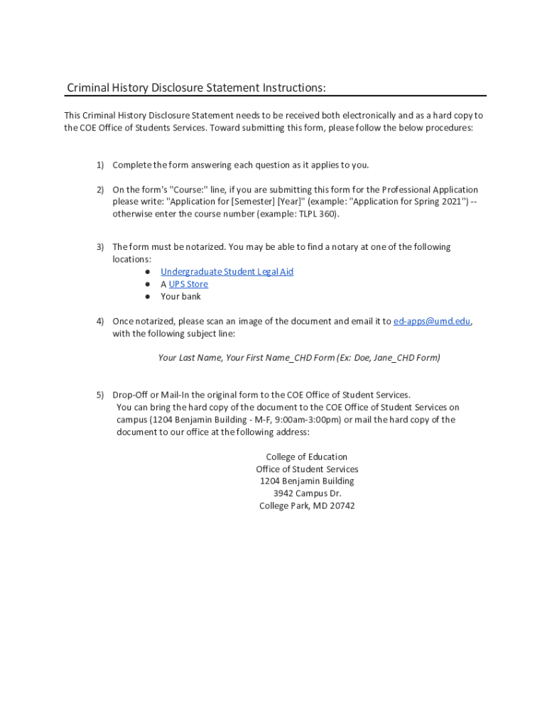 Fillable Online education umd Criminal History Disclosure Statement ...