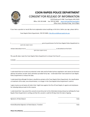 Fillable Online COON RAPIDS POLICE DEPARTMENT CONSENT FOR RELEASE ...