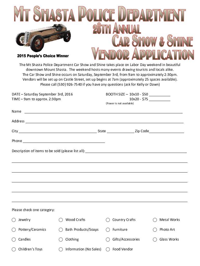 Fillable Online The Mt Shasta Police Department Car Show and Shine ...