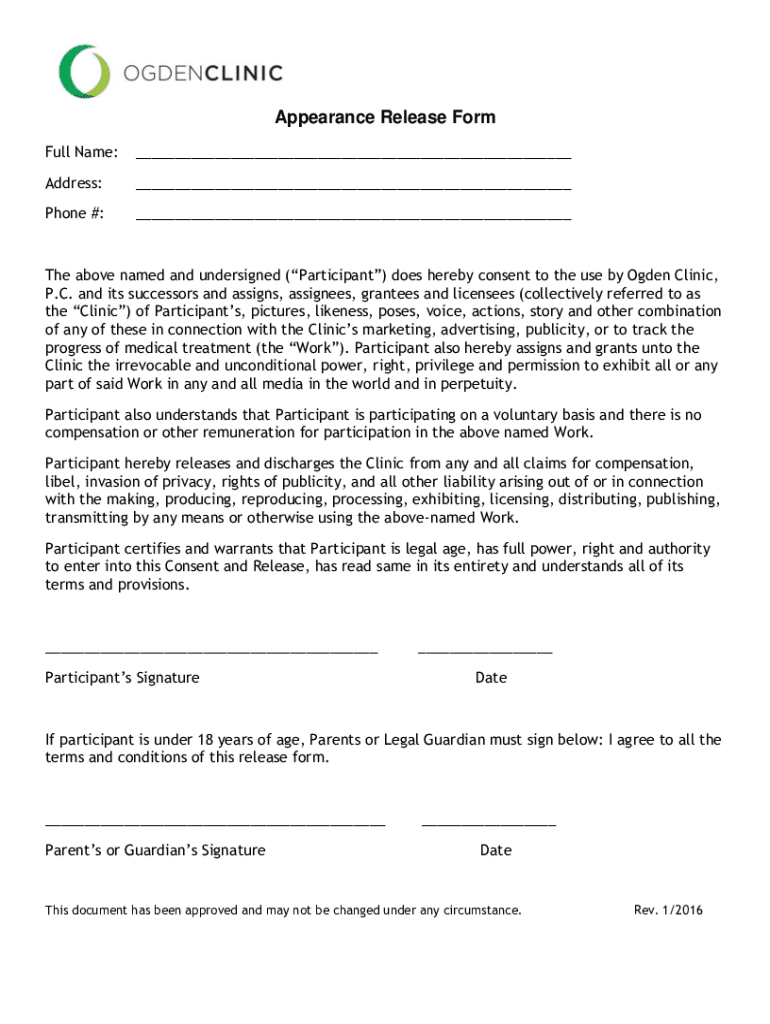 Fillable Online Standard Talent Appearance Release Form Fax Email Print - pdfFiller