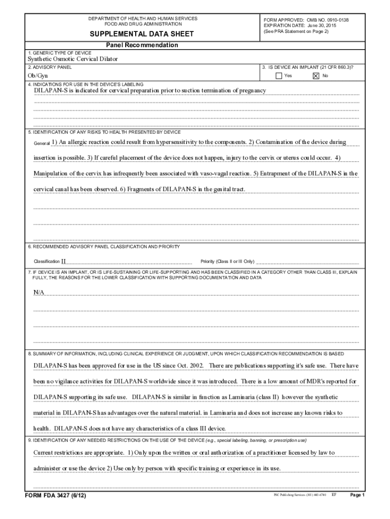 Fillable Online Form FDA 3427 - Supplemental Data Sheet Free Download ...