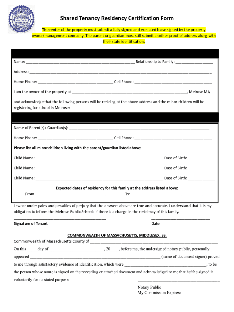 Fillable Online Shared Tenancy Residency Certification Form Fax Email ...