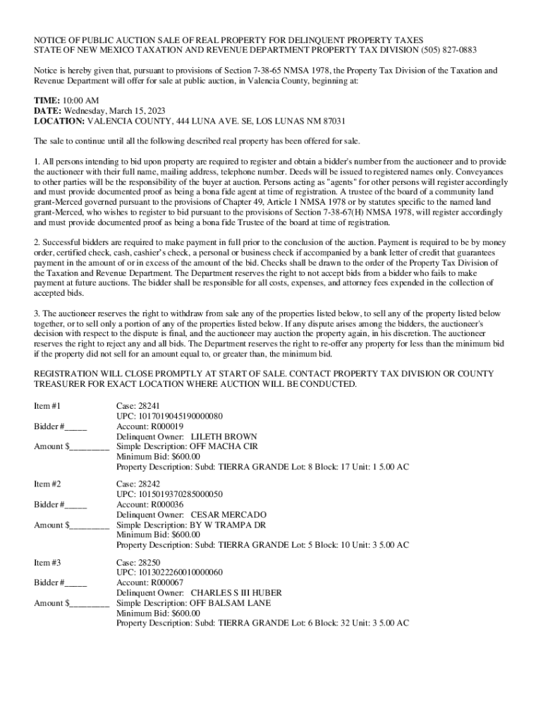 Fillable Online notice of public auction sale of real property for delinquent ... Fax Email ...