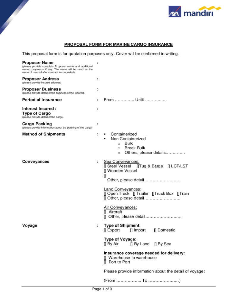 Fillable Online axa co PROPOSAL FORM FOR MARINE CARGO INSURANCE Fax ...