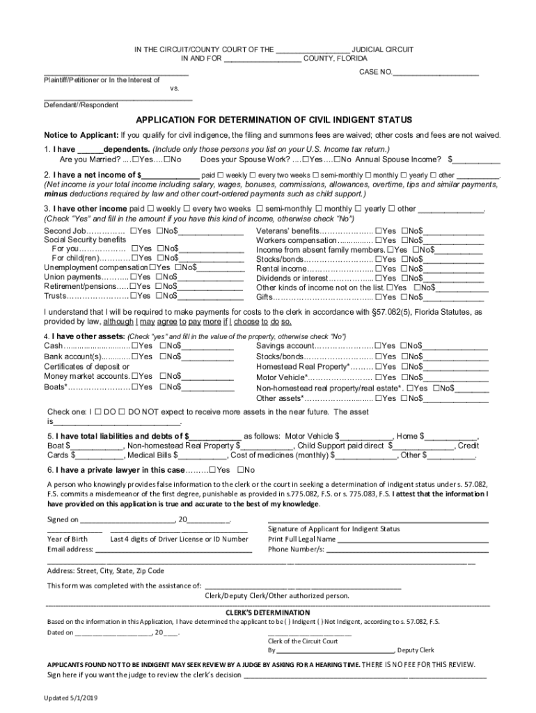Fillable Online Application For Determination Of Civil Indigent Status ...