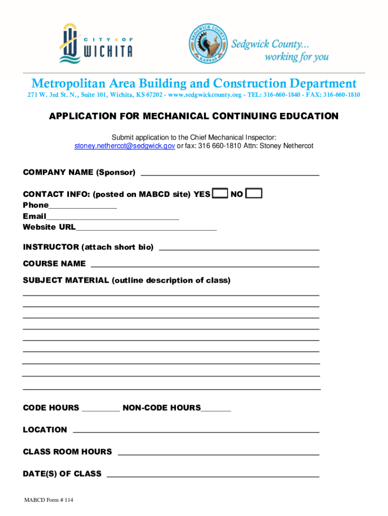 Fillable Online MABCD Form 114 - Application for Mechanical Continuing ...