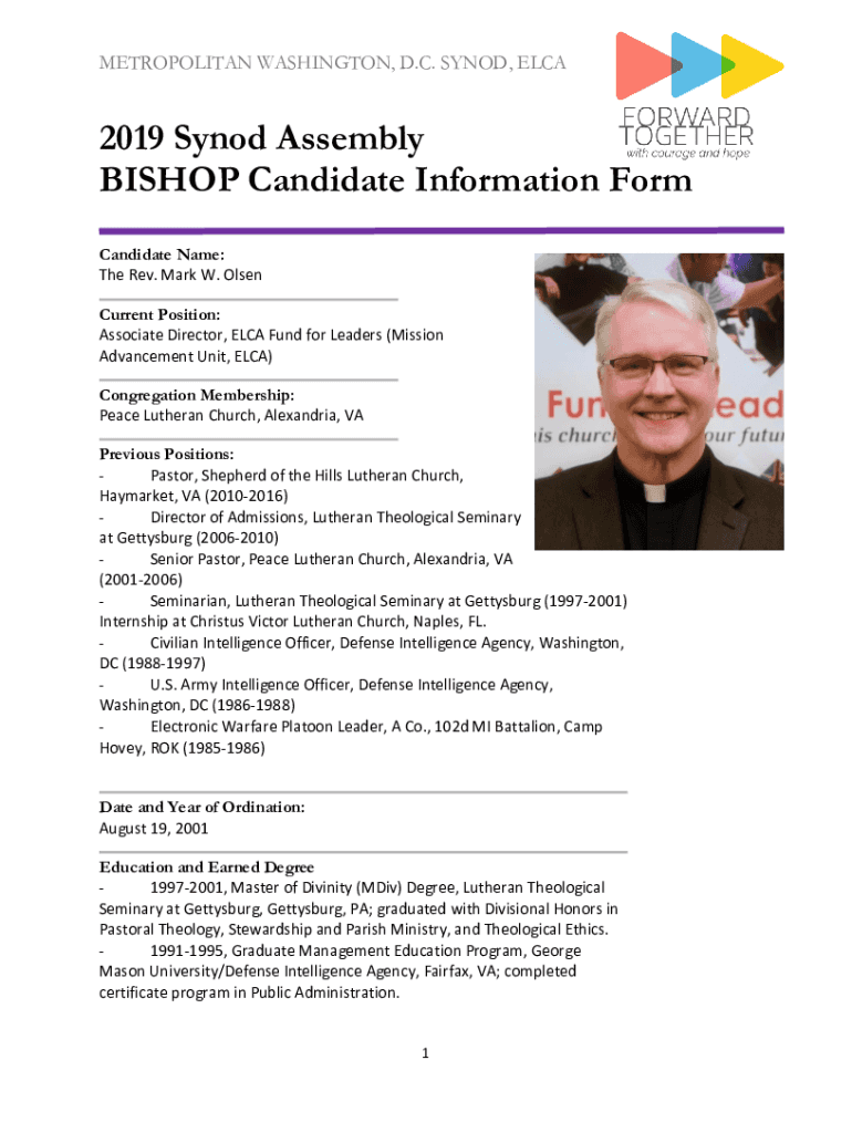 Fillable Online 2019 Synod Assembly BISHOP Candidate Information Form ...
