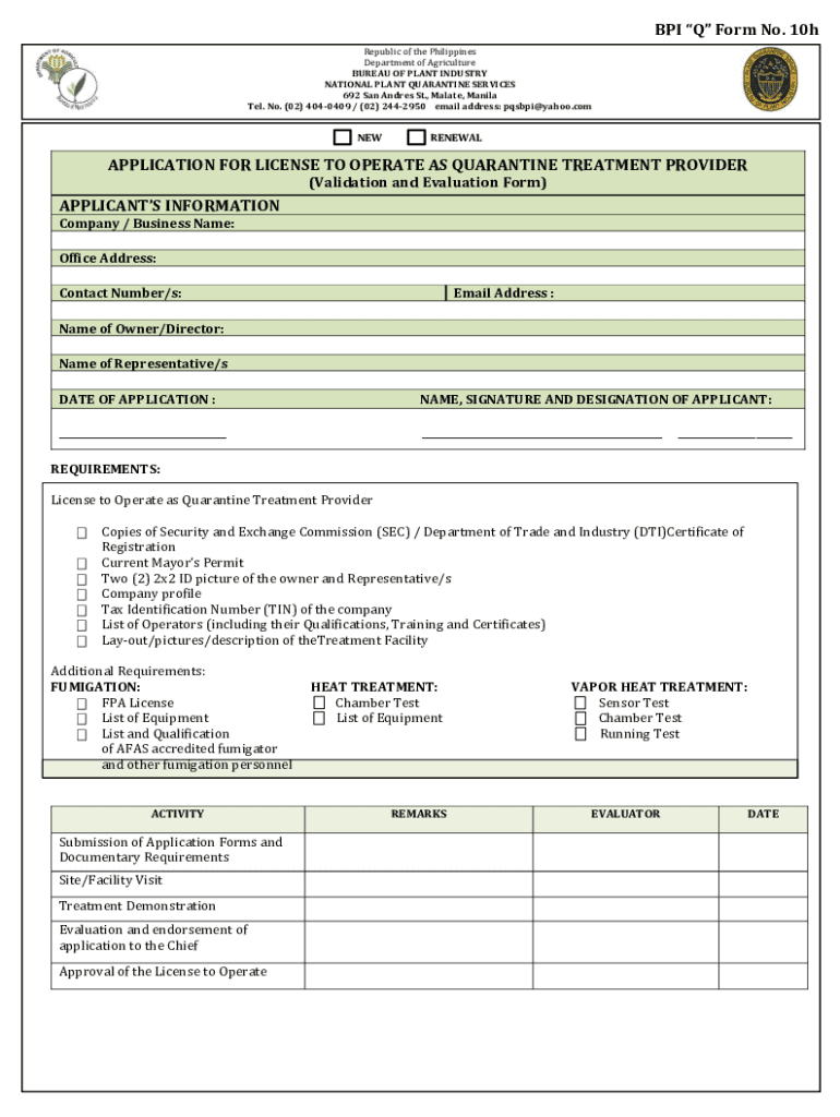 Fillable Online BPI Q Form No. 10h APPLICATION FOR LICENSE TO OPERATE ...