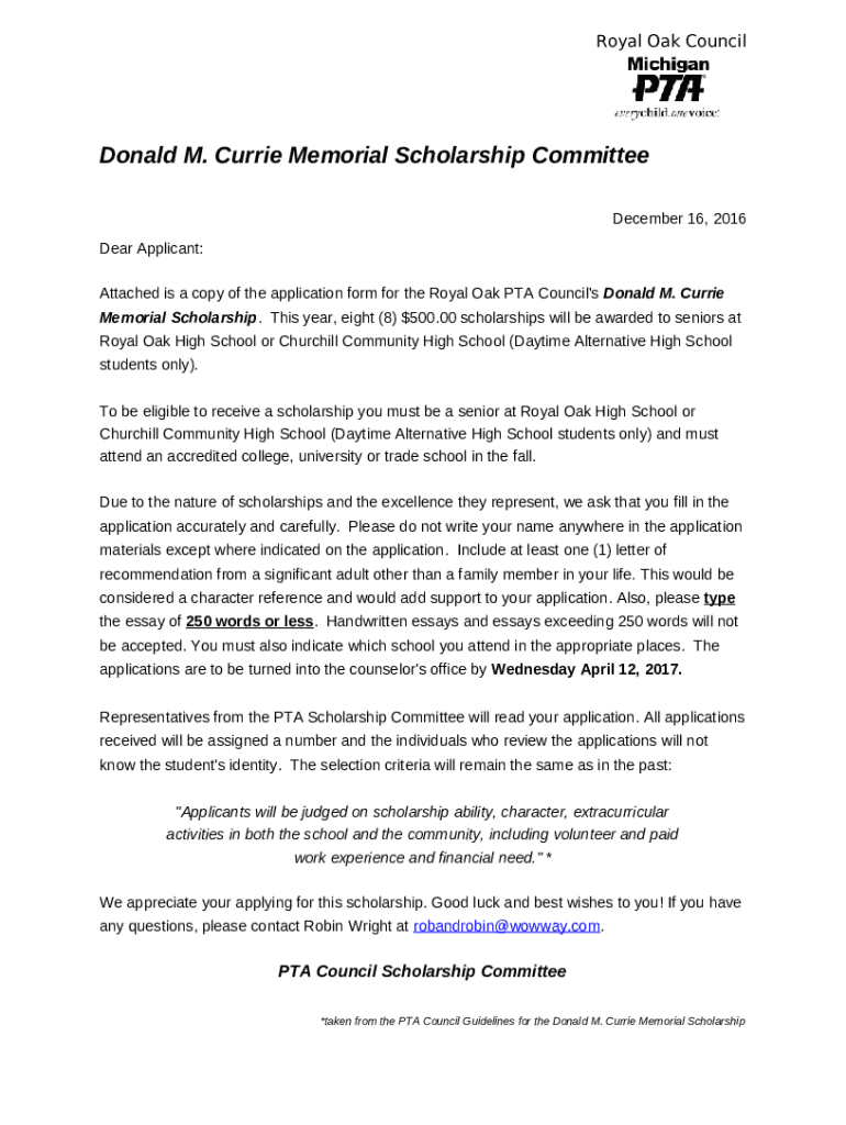 Donald M. Currie Memorial Scholarship Application Doc Template | pdfFiller