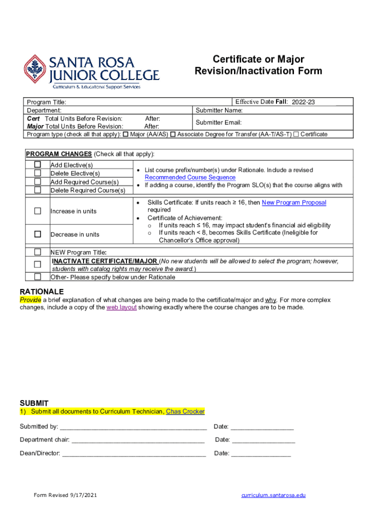 Fillable Online Santa Rosa Junior College. Certificate or Major ...