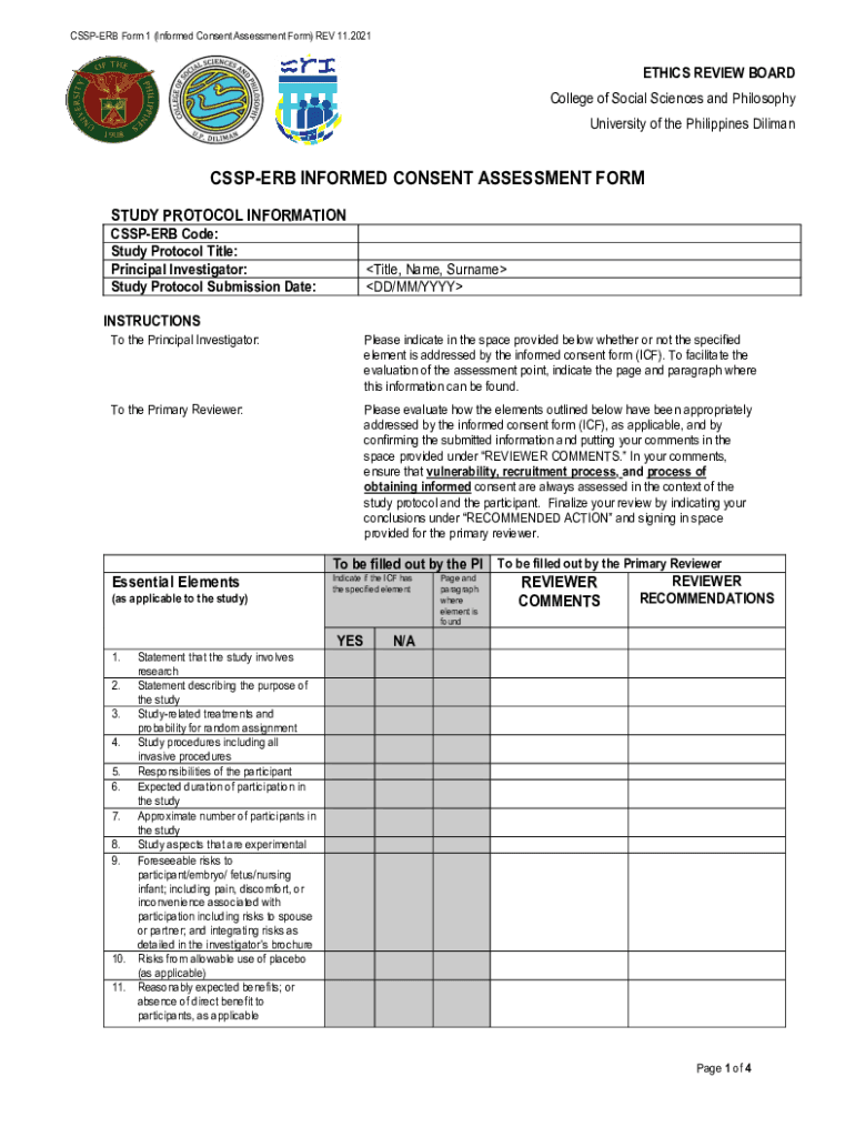 Fillable Online kssp upd edu ASSESSMENT OF INFORMED CONSENT FORM (ICF ...