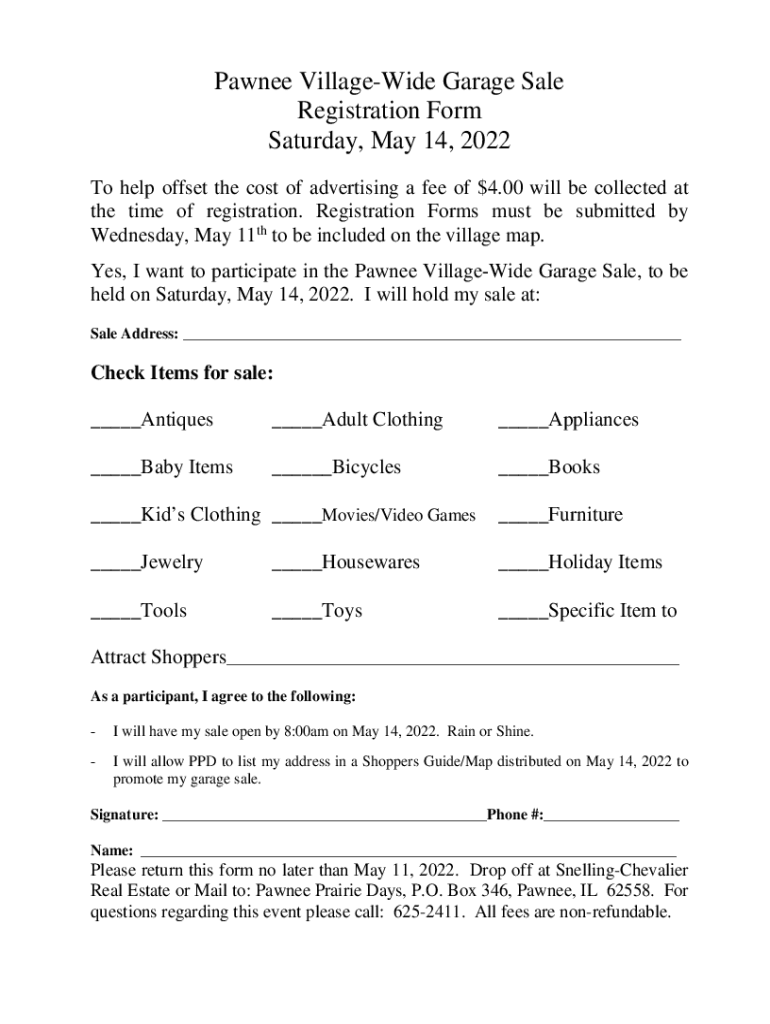 Fillable Online Pawnee Village-Wide Garage Sale Registration Form ...