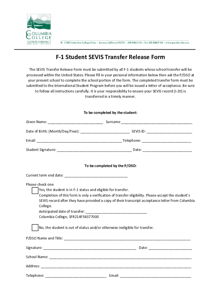 Fillable Online SEVIS Transfer OutInternational Center University of ...