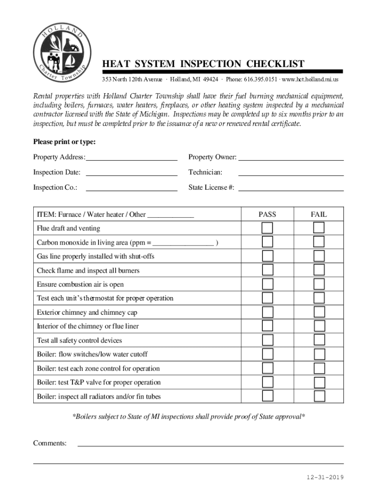 Fillable Online HEAT SYSTEM INSPECTION CHECKLIST Holland Charter ...