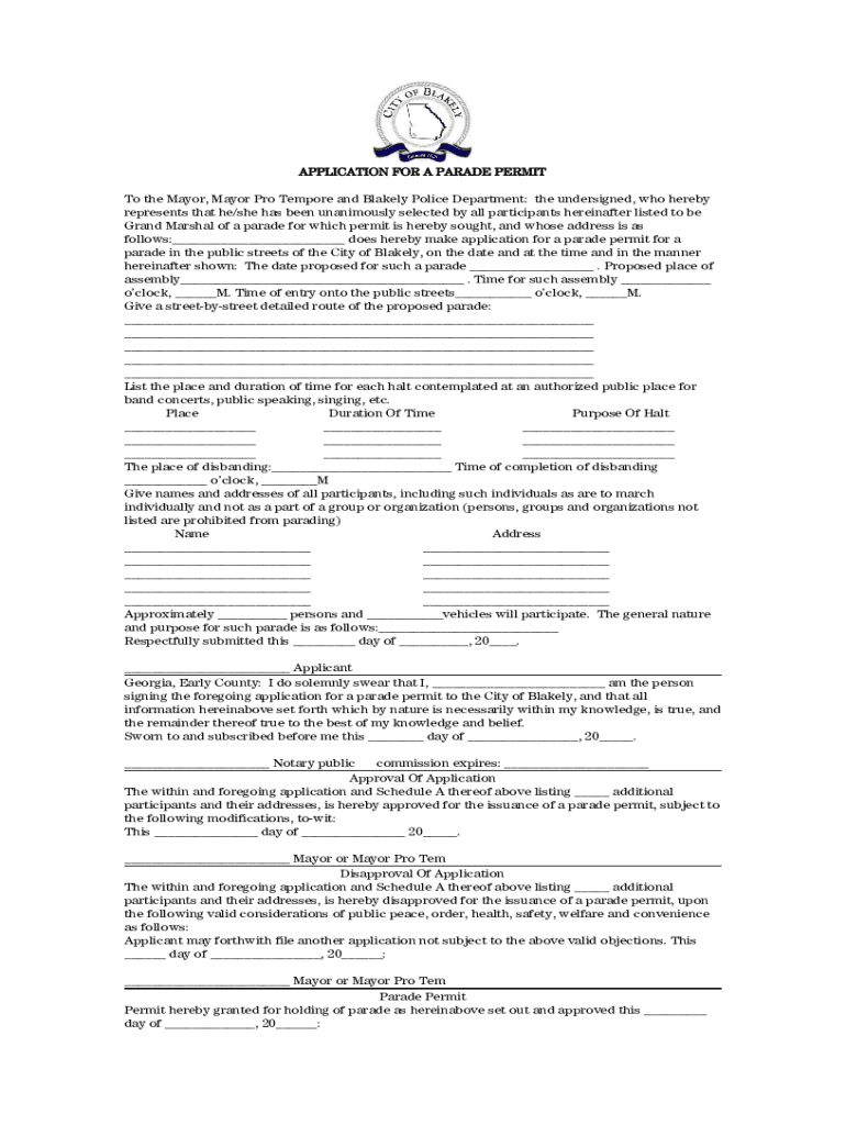 Fillable Online APPLICATION FOR A PARADE PERMIT To the Mayor, ... Fax ...