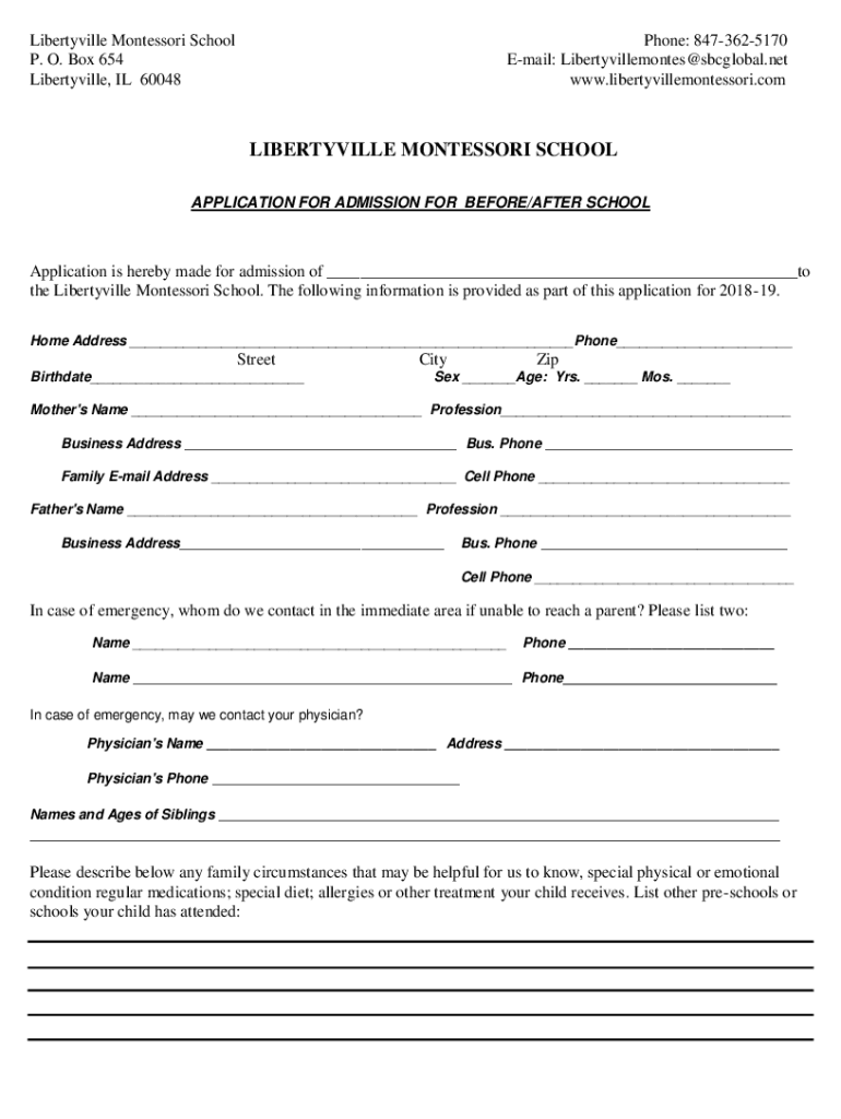 Fillable Online Application for admission for before/after school Fax ...