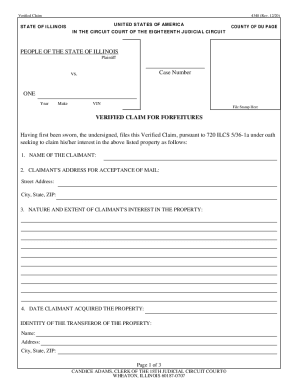 Fillable Online Case Number VERIFIED CLAIM FOR FORFEITURES PEOPLE OF ...