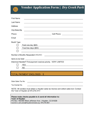 Fillable Online Vendor Application FormDry Creek Park Fax Email Print ...