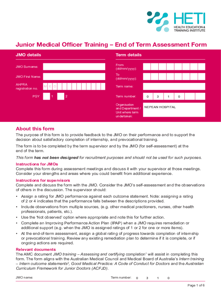 Fillable Online Junior Medical Officer Training End of Term Assessment ...