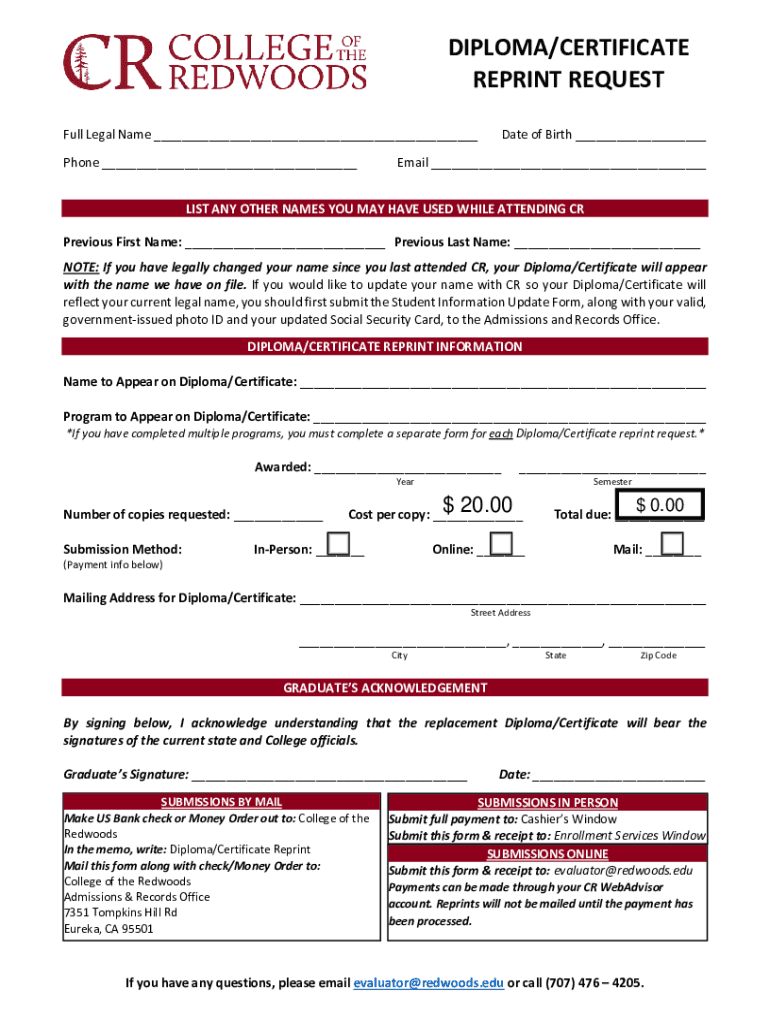 Fillable Online DIPLOMA/CERTIFICATE REPRINT REQUEST Fax Email Print ...