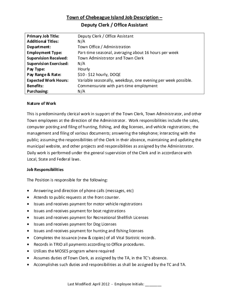 Fillable Online Town of Chebeague Island Job Description Office Assistant Fax Email Print ...