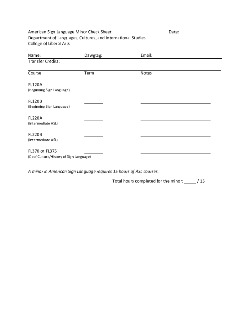 Fillable Online American Sign Language Minor Check Sheet Date ...