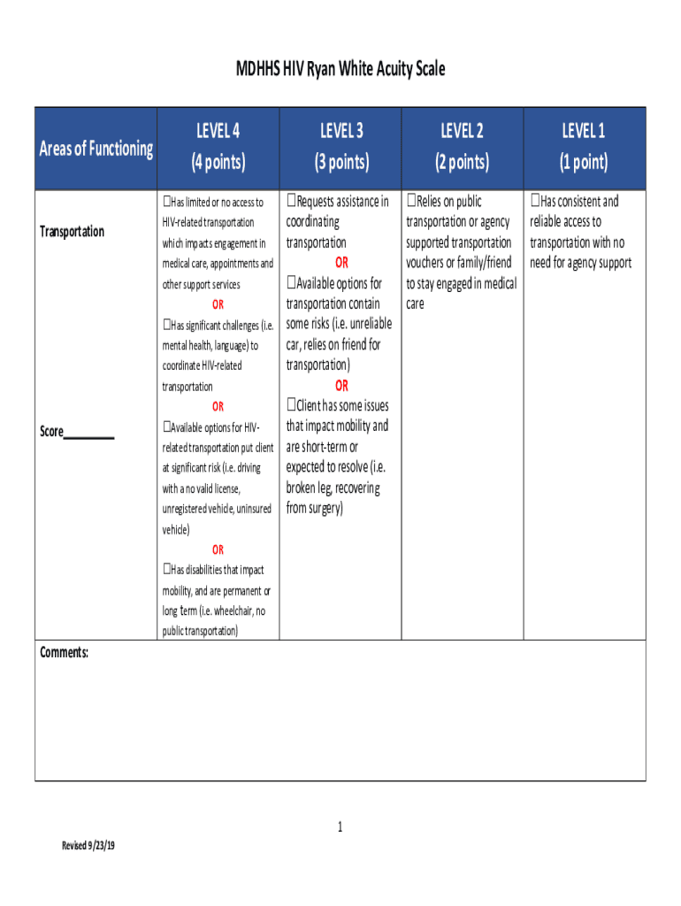Fillable Online MDHHS HIV Ryan White Acuity Scale Areas of Functioning ...