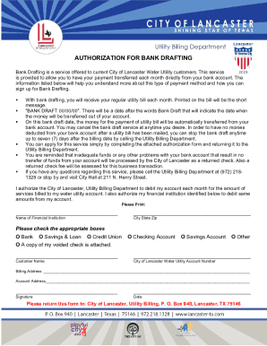Fillable Online AUTHORIZATION FOR BANK DRAFTING Utility Billing ...