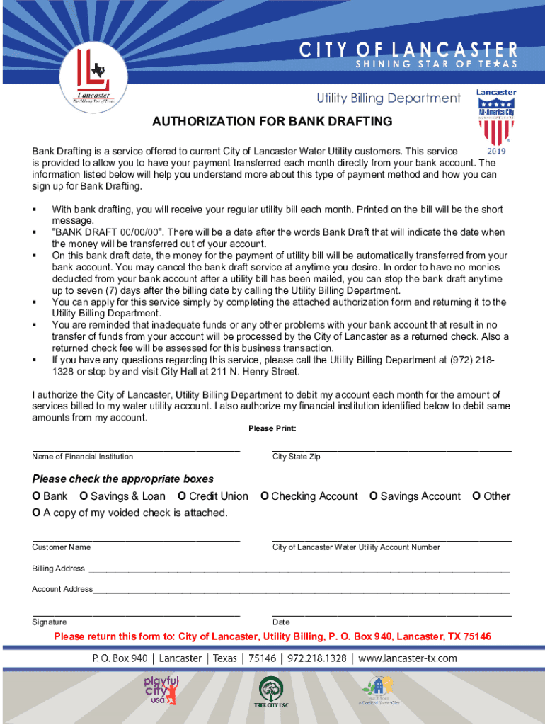 Fillable Online AUTHORIZATION FOR BANK DRAFTING Utility Billing ...