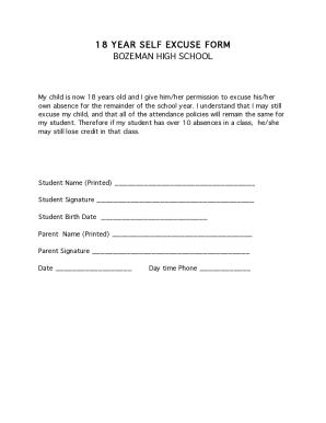 Fillable Online 18 year self excuse form bozeman high school Fax Email ...