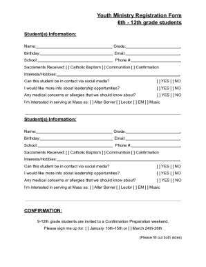 Fillable Online Youth Ministry Registration Form 6th - 12th grade students Fax Email Print ...