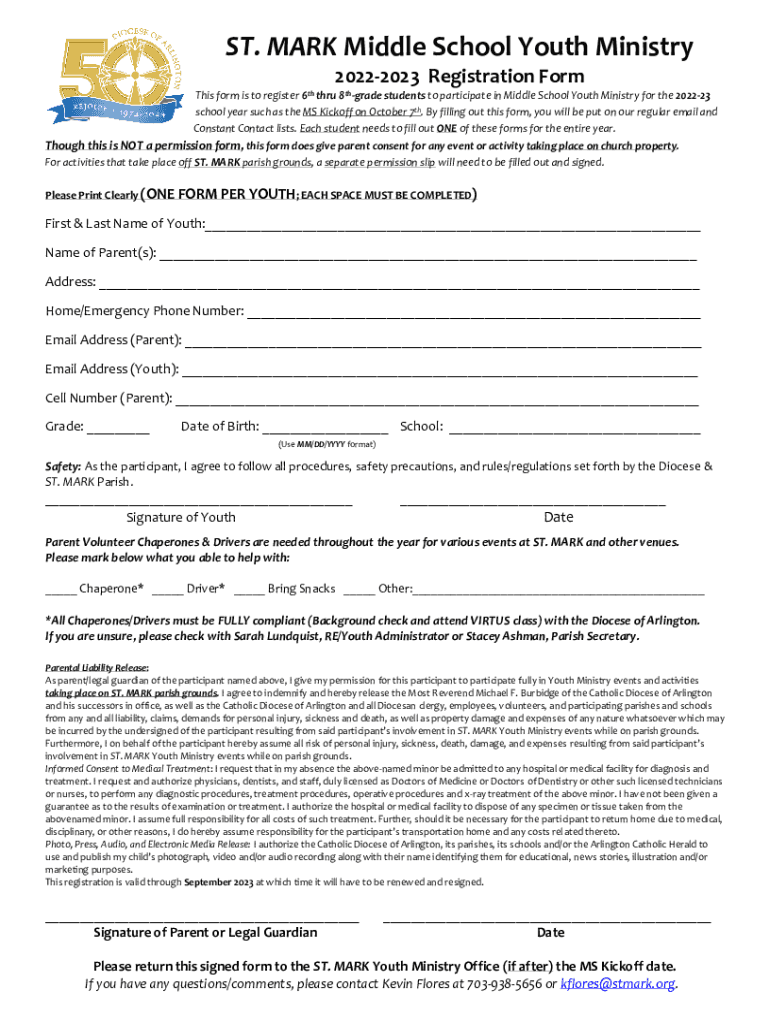 Fillable Online Youth Ministry RegistrationSt. Thomas the Apostle ...