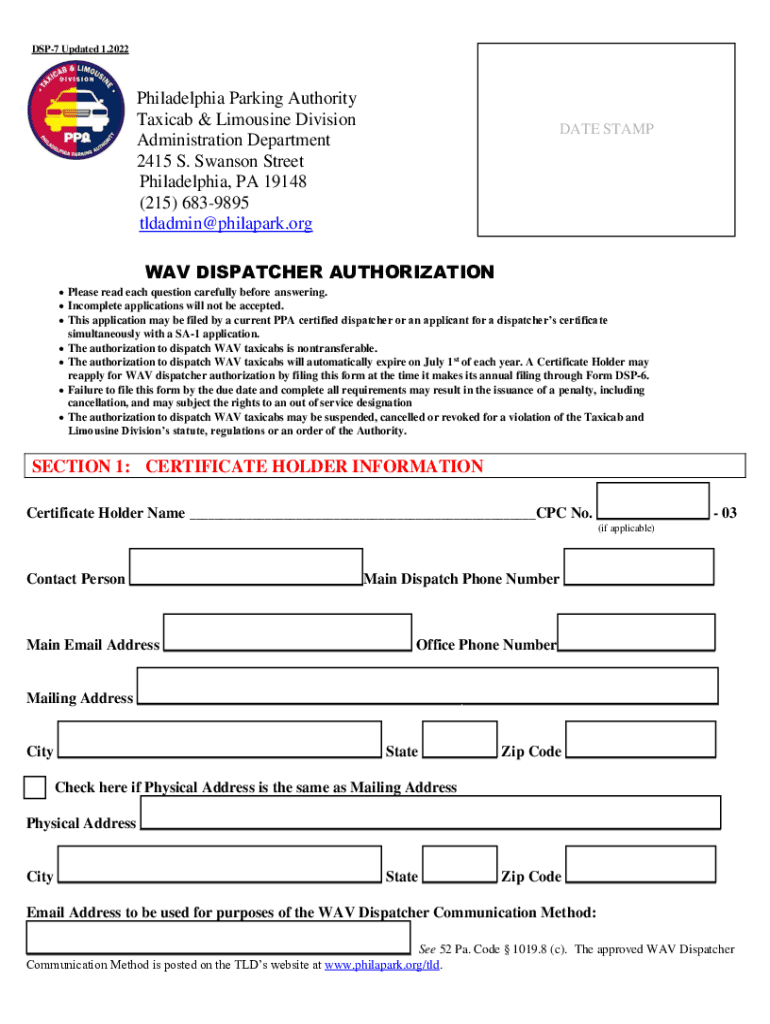 Fillable Online Dsp 7 Wav Dispatcher Authorization Fax Email Print Pdffiller
