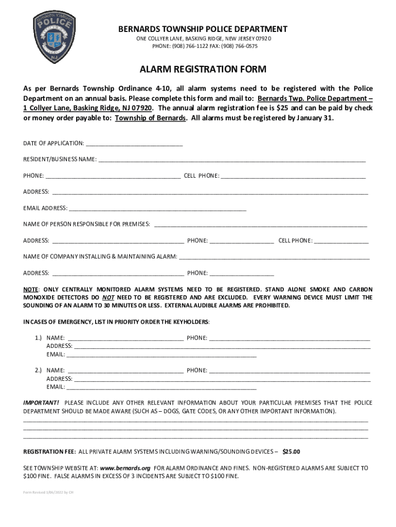 Fillable Online Get the free bernards township alarm registration form ...