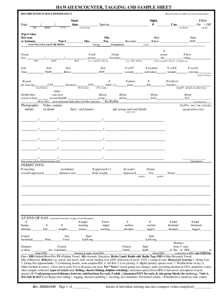Fillable Online hawaii encounter, tagging and sample sheet Fax Email ...
