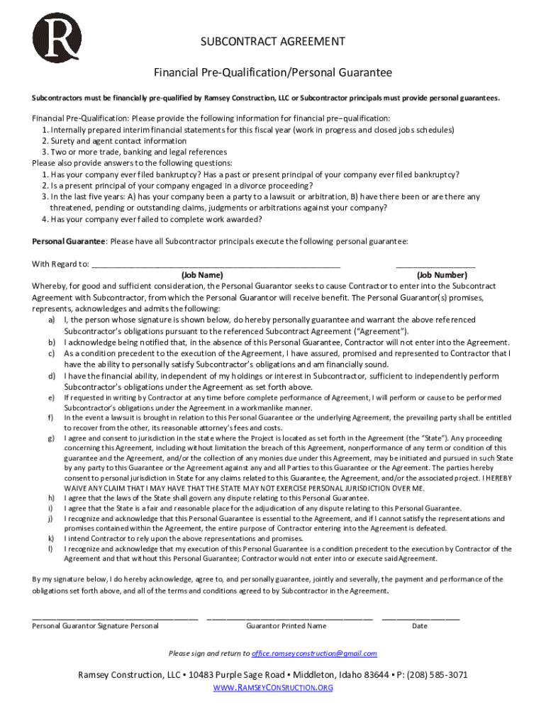 Fillable Online SUBCONTRACT AGREEMENT Financial Pre-Qualification ...