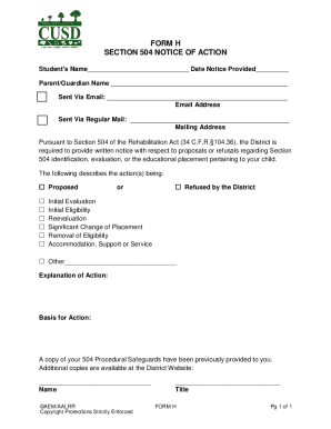 Fillable Online FORM H SECTION 504 NOTICE OF ACTION Fax Email Print ...