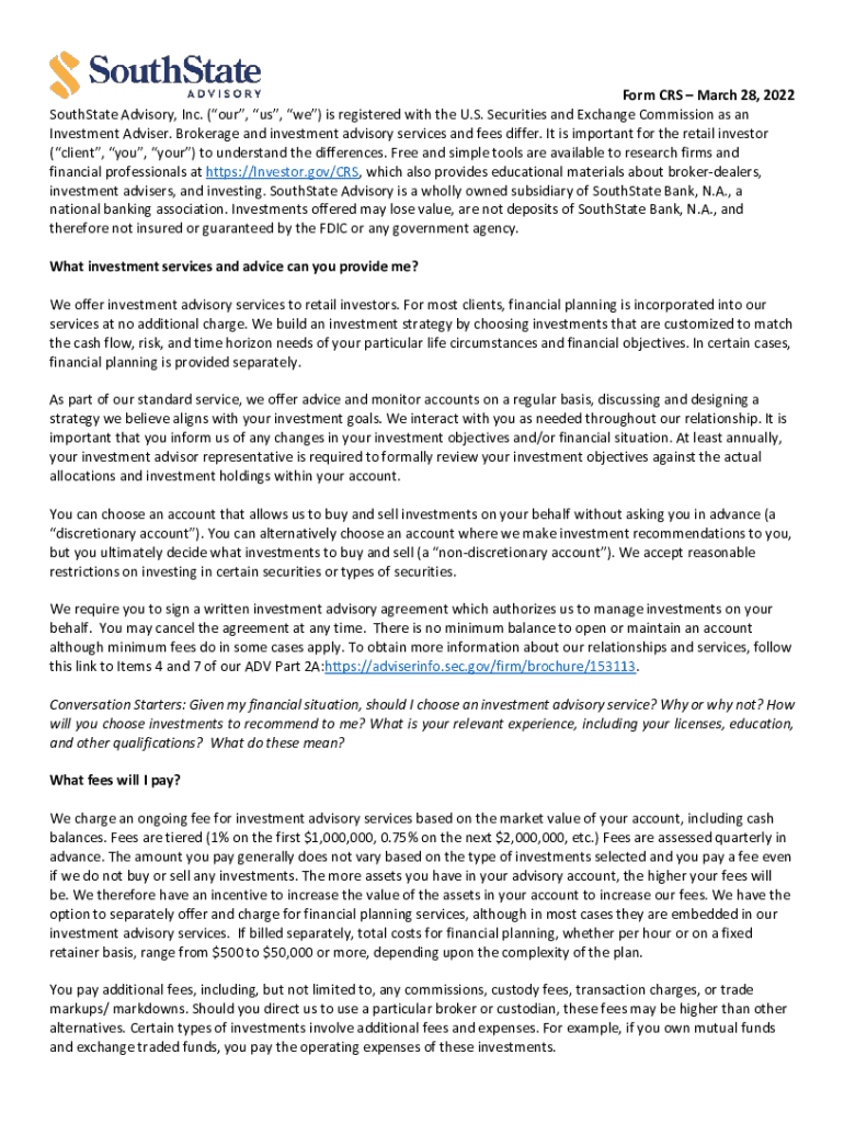 Fillable Online SouthState Advisory Form CRS Fax Email Print - pdfFiller