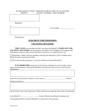 Fillable Online JUDGMENT FOR POSSESSION UNLAWFUL DETAINER Fax Email ...