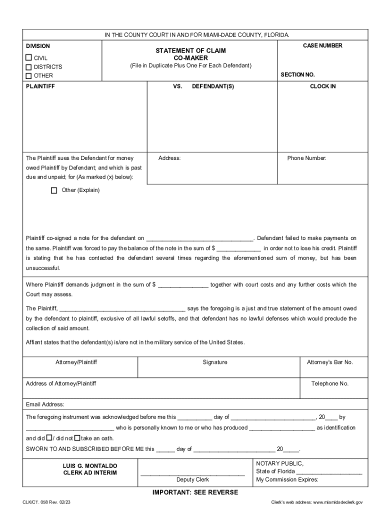 Fillable Online Statement of Claim Co-Maker (File in Duplicate Plus One For Each ... Fax Email ...