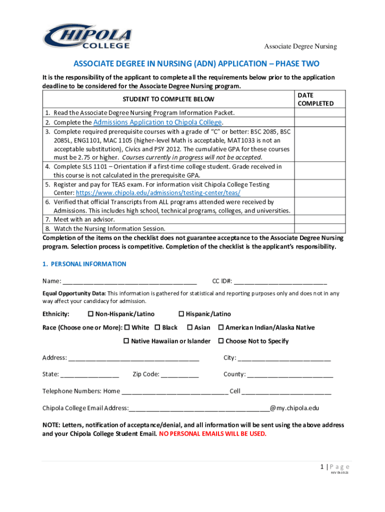 Fillable Online ASSOCIATE DEGREE IN NURSING (ADN) APPLICATION PHASE ... Fax Email Print - pdfFiller