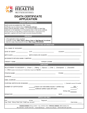 Fillable Online DEATH CERTIFICATE APPLICATION - Utah Vital Records Fax ...