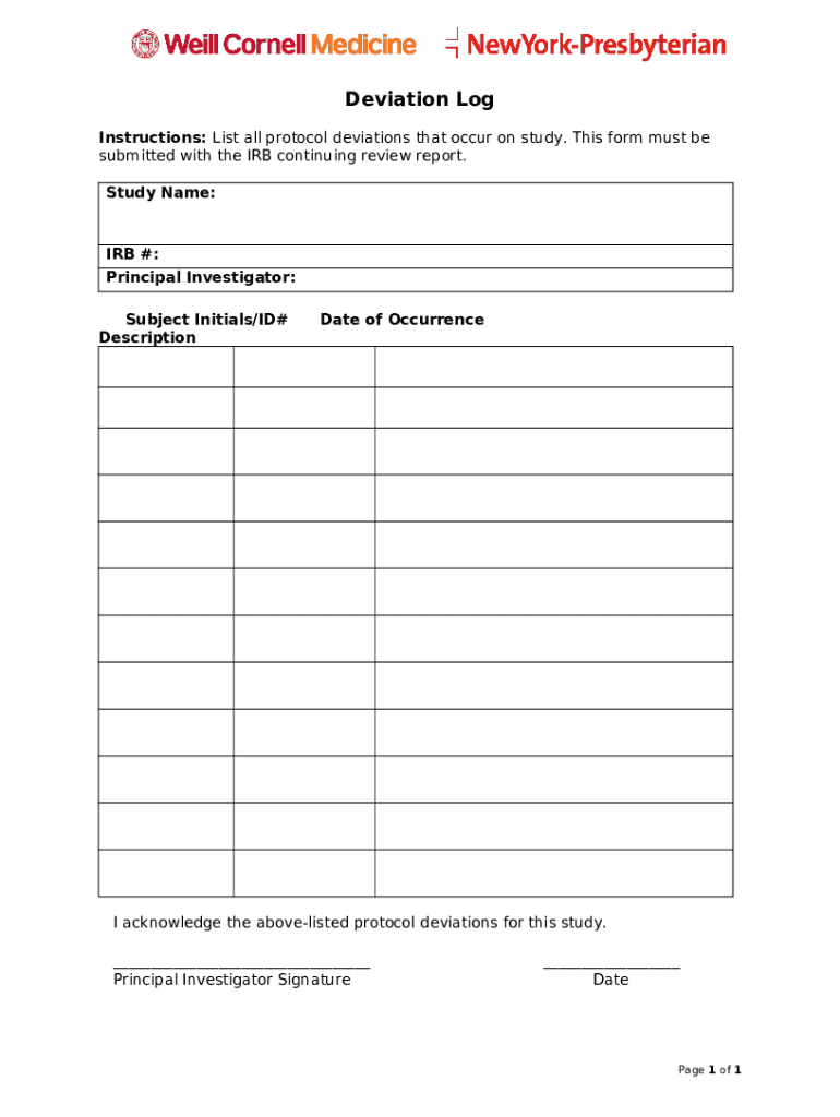 Protocol Deviation Log Template - research weill cornell Doc Template | pdfFiller