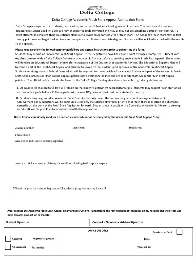 Fillable Online Delta College Academic Fresh Start Appeal Application ...
