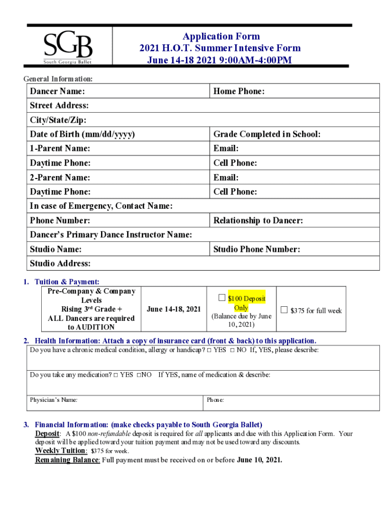 Fillable Online Summer Dance Intensive Registration Fax Email Print ...