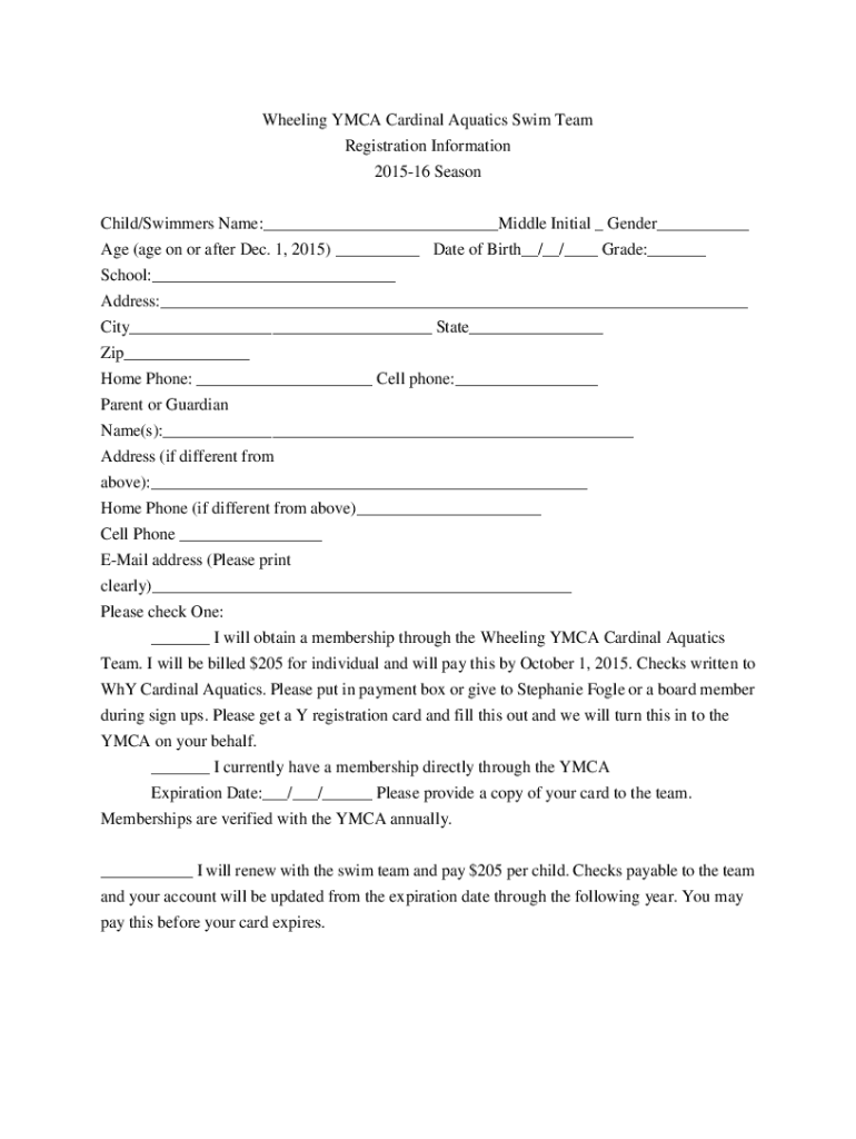 Fillable Online Wheeling YMCA Cardinal Aquatics Swim Team Fax Email Print - pdfFiller
