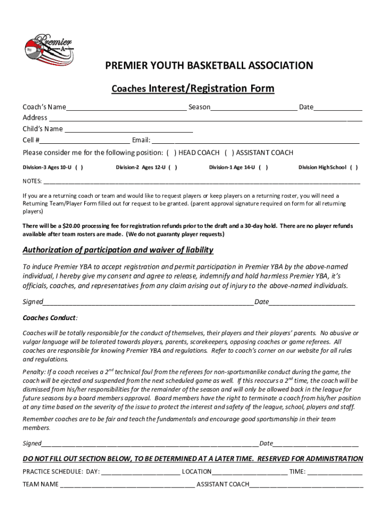 Fillable Online Youth Coach and Assistant Coach Application Form Fax ...