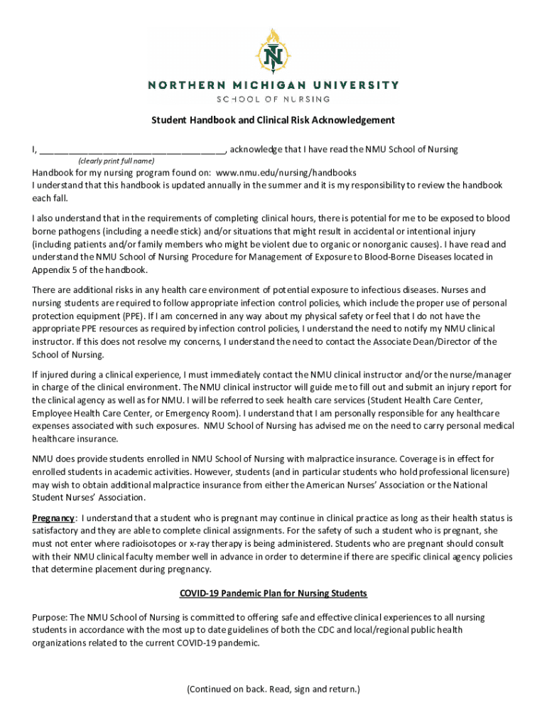 Fillable Online Student Handbook and Clinical Risk Acknowledgement Fax ...