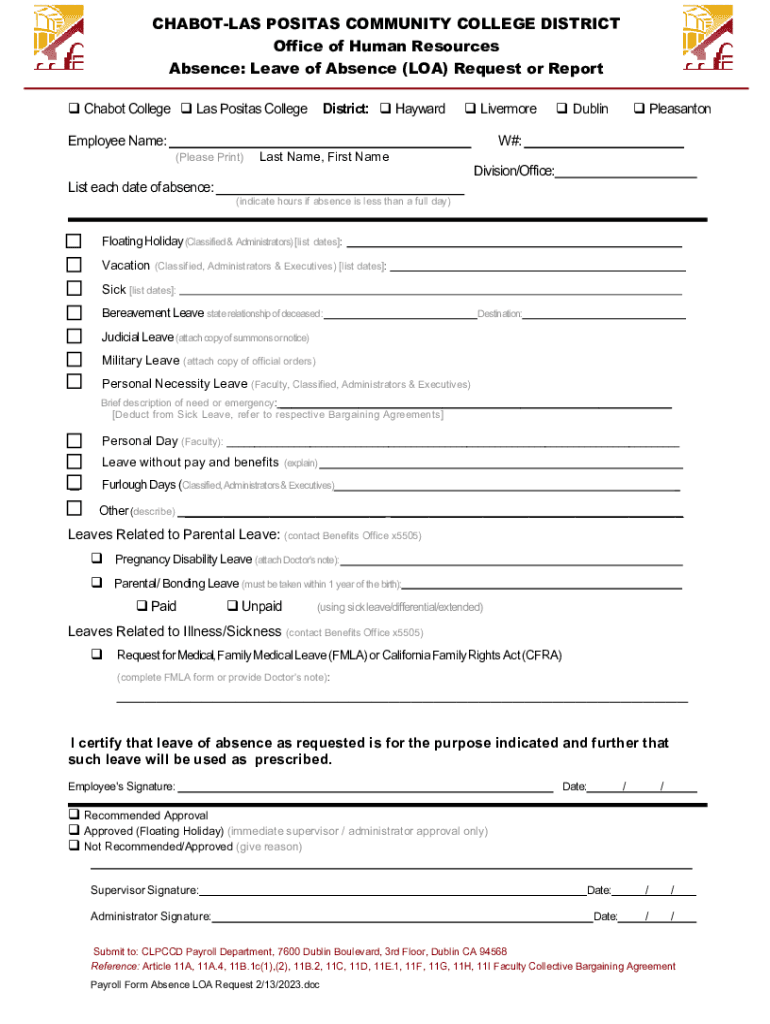 Fillable Online Leave of Absence (LOA) Request or Report Fax Email ...